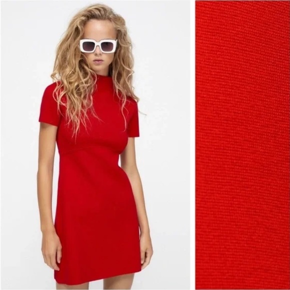 Zara | Dresses | Nwt Zara Red Knit Mini Dress With High Collar Size M ...